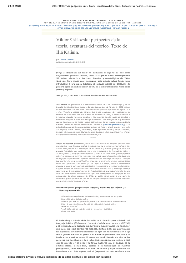 (PDF) Viktor Shklovski: peripecias de la teoria, aventuras del teorico