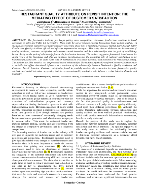 (PDF) RESTAURANT QUALITY ATTRIBUTE ON REVISIT INTENTION: THE MEDIATING ...