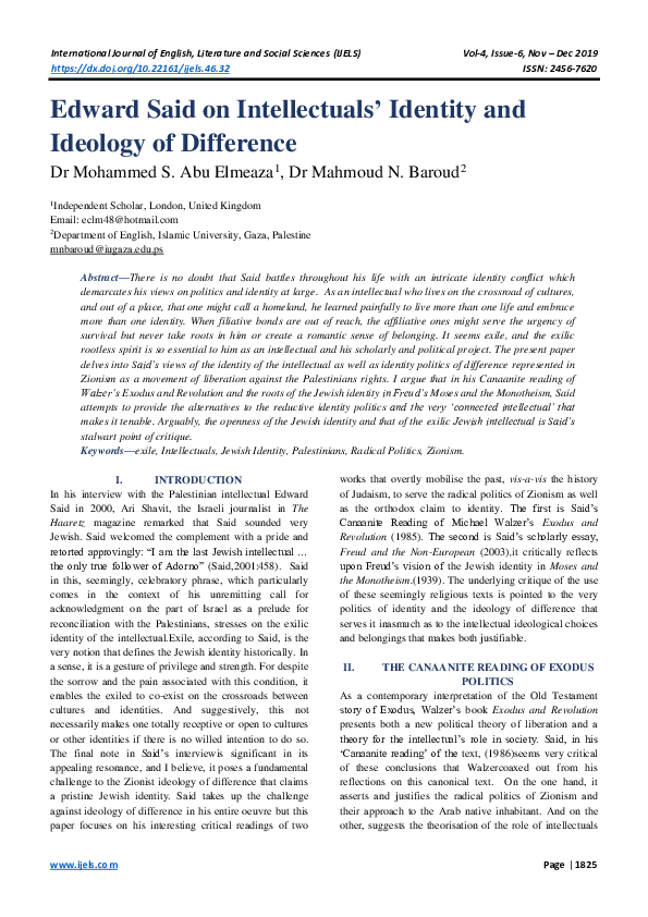 (PDF) Edward Said on Intellectuals' Identity and Ideology of Difference