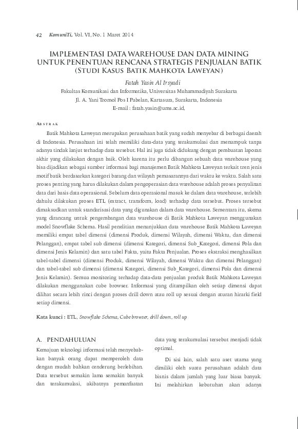 (PDF) IMPLEMENTASI DATA WAREHOUSE DAN DATA MINING UNTUK PENENTUAN RENCANA STRATEGIS PENJUALAN ...