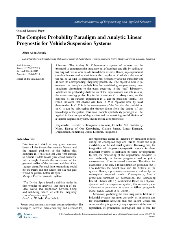 (PDF) The Complex Probability Paradigm and Analytic Linear Prognostic for Vehicle Suspension Systems