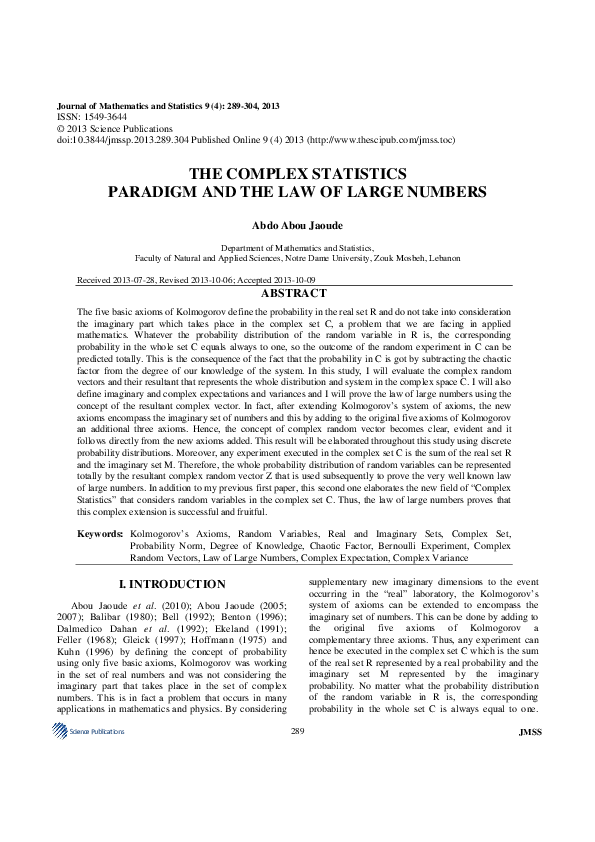 (PDF) The Complex Statistics Paradigm And The Law Of Large Numbers