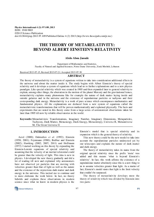 (PDF) The Theory of Metarelativity: Beyond Albert Einstein's Relativity