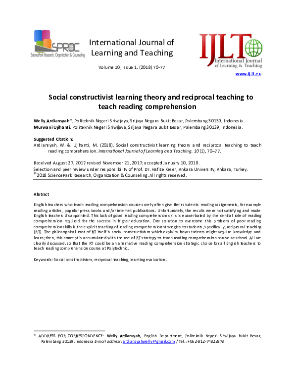 (PDF) Social constructivist learning theory and reciprocal teaching to teach reading comprehension