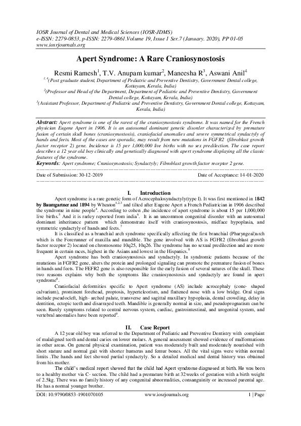 (PDF) Apert Syndrome: A Rare Craniosynostosis