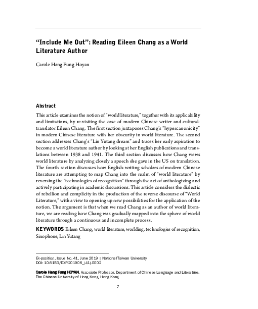 (PDF) Reading Eileen Chang as a World Literature Author