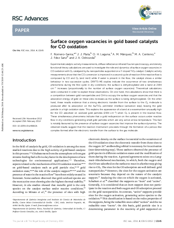 (PDF) Surface oxygen vacancies in gold based catalysts for CO oxidation