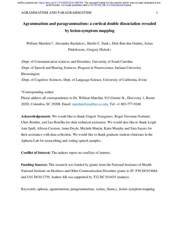 (PDF) Agrammatism and paragrammatism: a cortical double dissociation ...