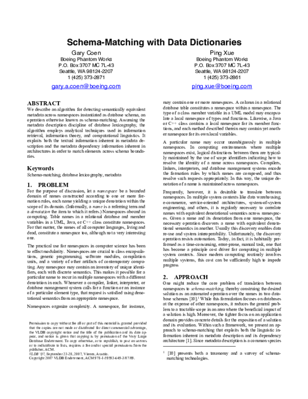 Pdf Schema Matching With Data Dictionaries