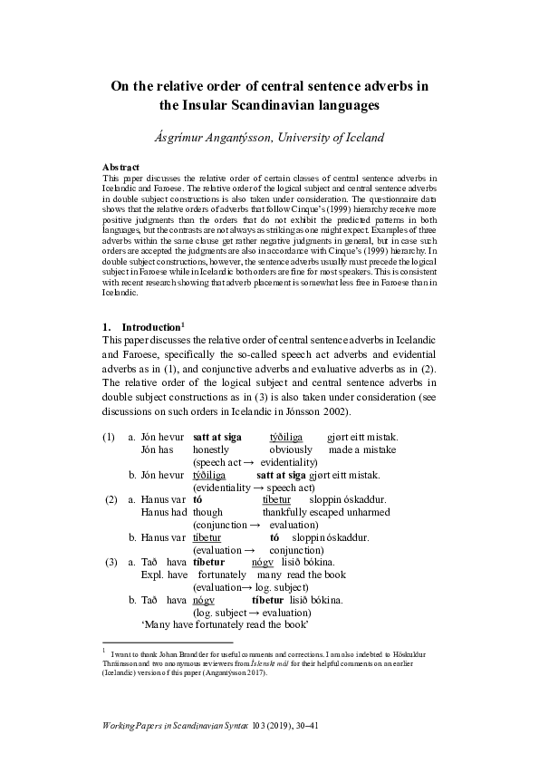 (PDF) On the relative order of central sentence adverbs in the Insular ...