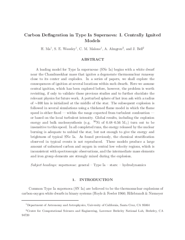 (PDF) CARBON DEFLAGRATION IN TYPE Ia SUPERNOVA. I. CENTRALLY IGNITED MODELS