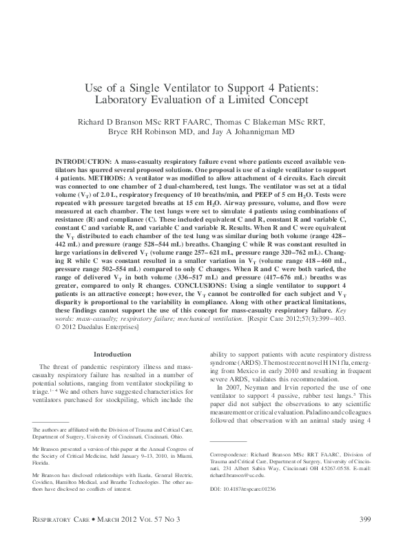 (PDF) Use of a Single Ventilator to Support 4 Patients: Laboratory ...