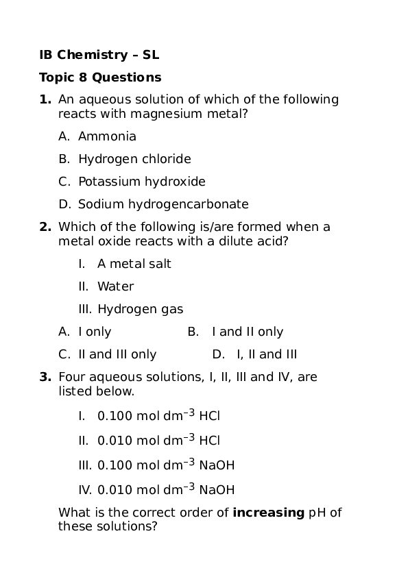 Acids and Bases SL question set