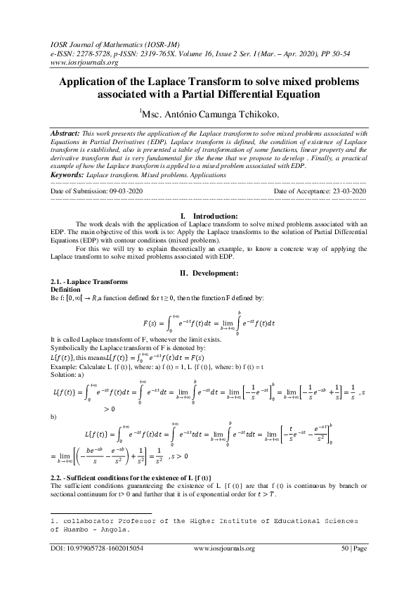 (PDF) Application of the Laplace Transform to solve mixed problems associated with a Partial ...