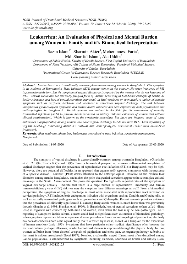 (PDF) Leukorrhea: An Evaluation of Physical and Mental Burden among Women in Family and it's ...