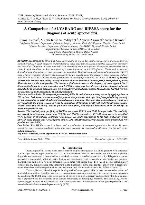 (PDF) A Comparison of ALVARADO and RIPASA score for the diagnosis of acute appendicitis