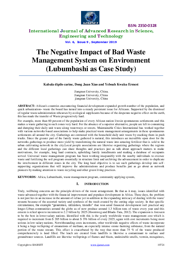 (PDF) The Negative Impact of Bad Waste Management System on Environment ...