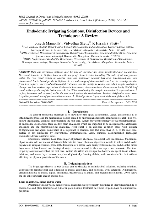 (PDF) Endodontic Irrigating Solutions, Disinfection Devices and Techniques: A Review