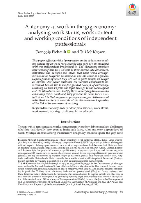 (PDF) Autonomy at work in the gig economy: analysing work status, work ...