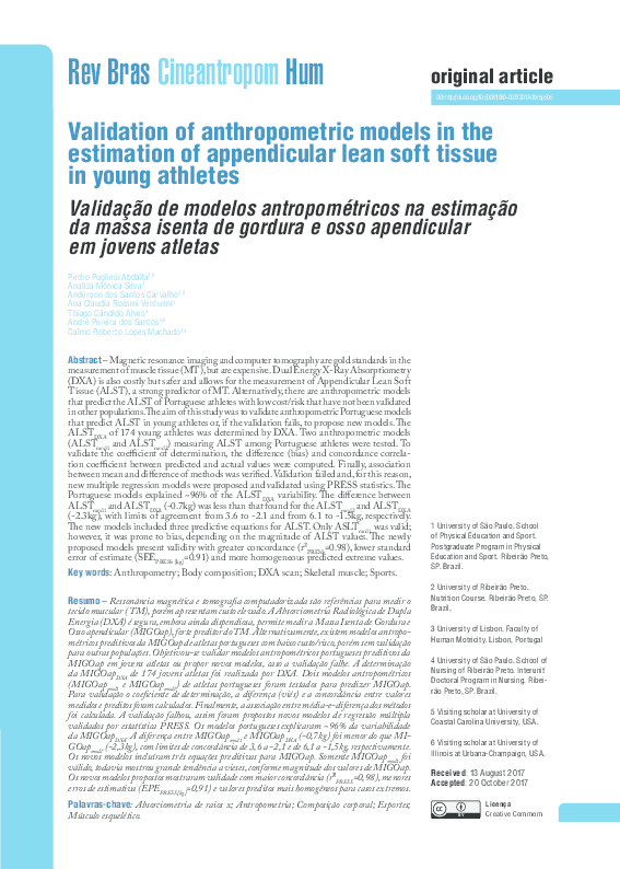 Pdf Validation Of Anthropometric Models In The Estimation Of Appendicular Lean Soft Tissue In