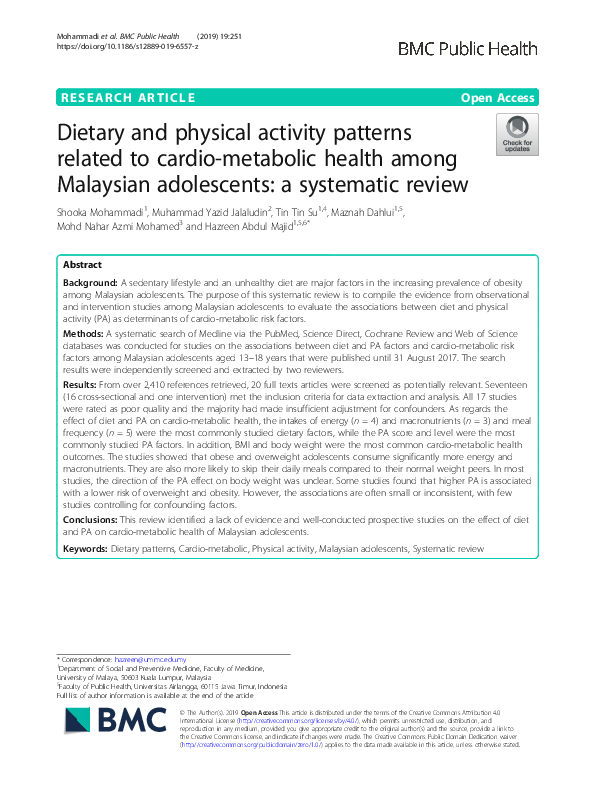 (PDF) Dietary and physical activity patterns related to cardio-metabolic health among Malaysian ...