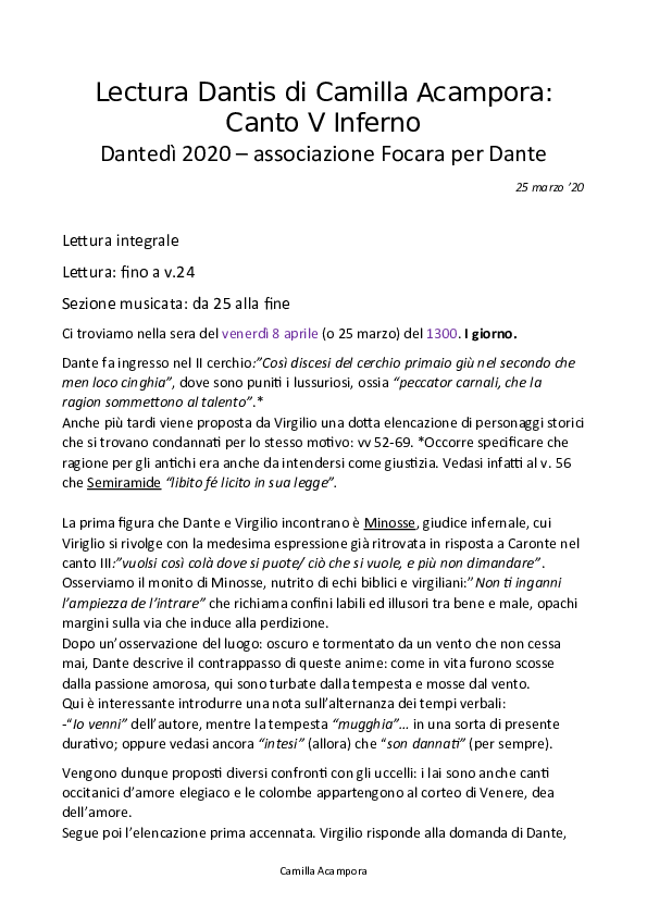(DOC) Lectura Dantis Canto V Inferno per il Dantedì