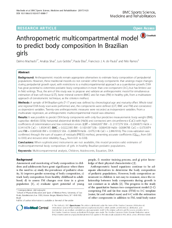 (PDF) Anthropometric multicompartmental model to predict body composition In Brazilian girls