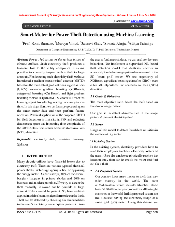 (PDF) Smart Meter for Power Theft Detection using Machine Learning