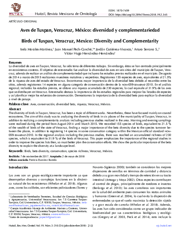 (PDF) Aves de Tuxpan, Veracruz, México: diversidad y complementariedad ...