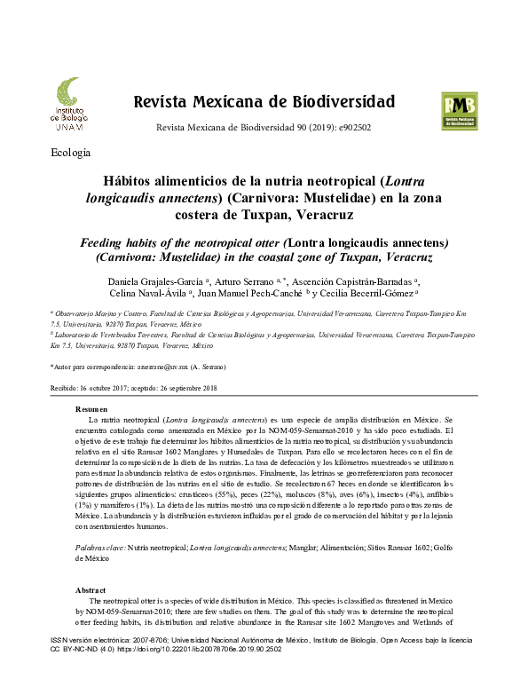 (PDF) Hábitos alimenticios de la nutria neotropical (Lontra longicaudis ...