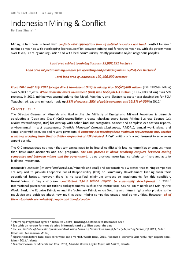 (PDF) Mining and Conflict in Indonesia - Fact Sheet 01/2018 (January 2018)