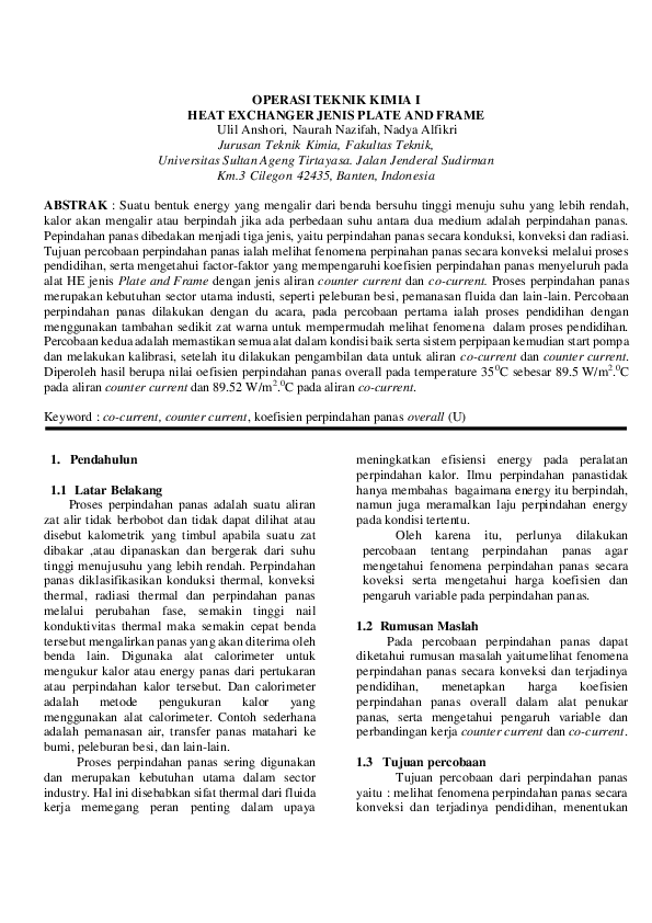 (PDF) OPERASI TEKNIK KIMIA I HEAT EXCHANGER JENIS PLATE AND FRAME