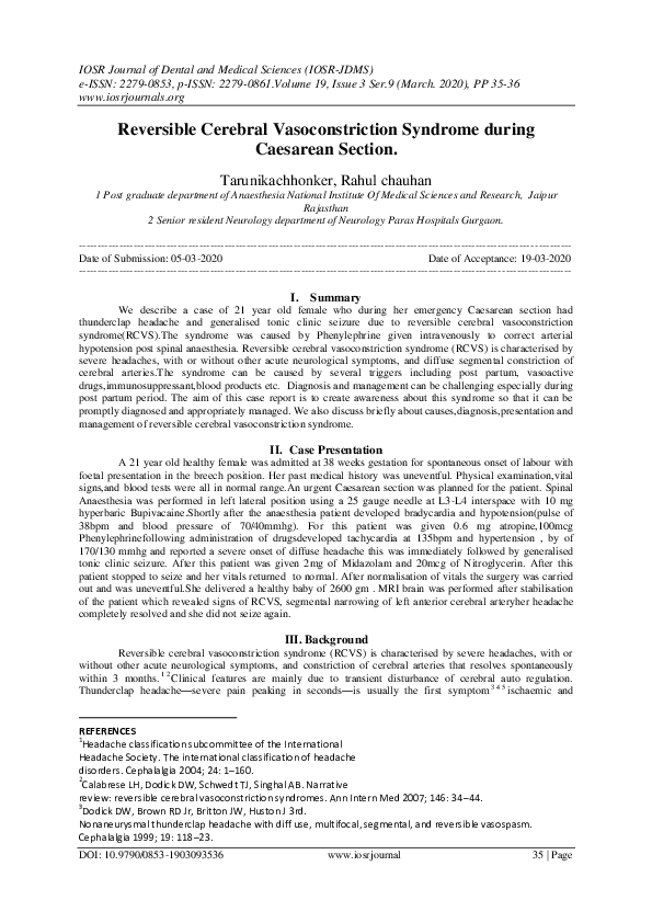 (PDF) Reversible Cerebral Vasoconstriction Syndrome during Caesarean ...