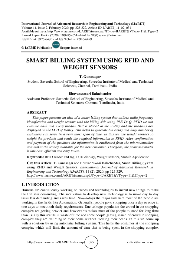 (PDF) SMART BILLING SYSTEM USING RFID AND WEIGHT SENSORS