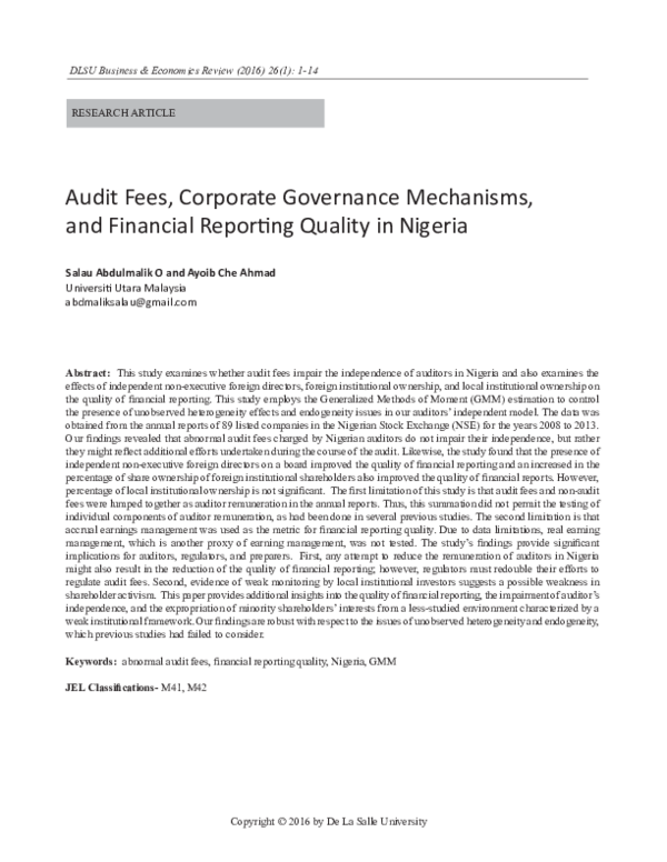 (PDF) Audit Fees, Corporate Governance Mechanisms, and Financial Reporting Quality in Nigeria