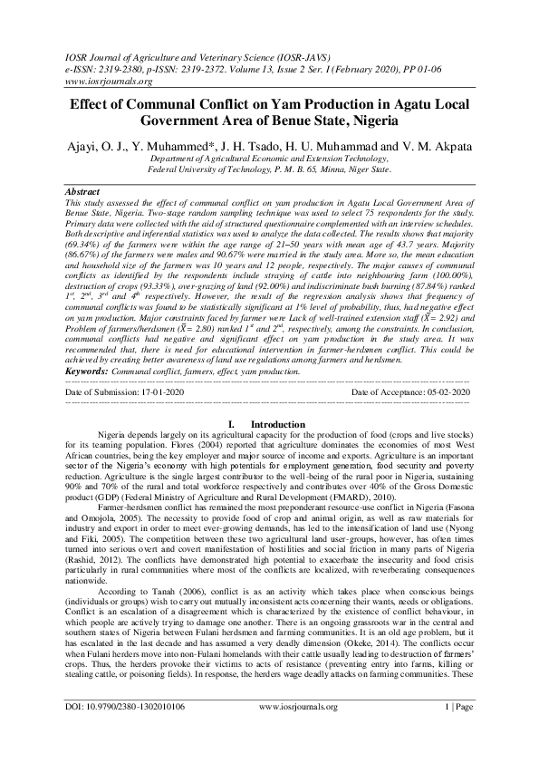 (PDF) Effect of Communal Conflict on Yam Production in Agatu Local ...