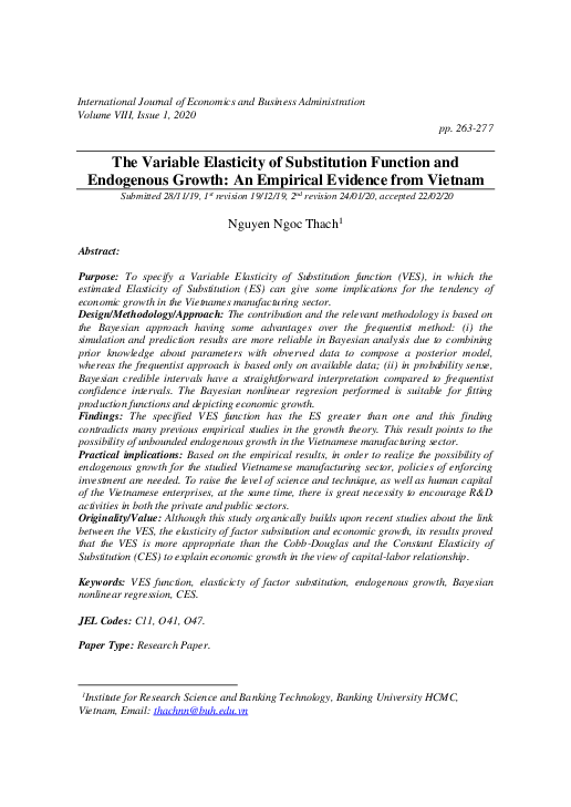 (PDF) The Variable Elasticity of Substitution Function and Endogenous Growth: An Empirical ...