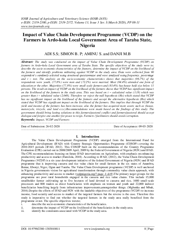 Impact of Value Chain Development Programme (VCDP) on the Farmers in ...