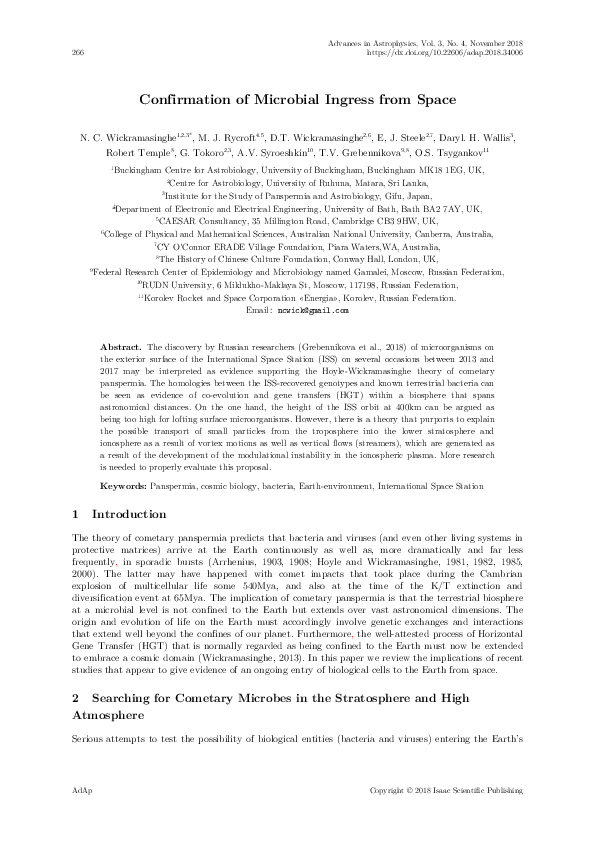 (PDF) Confirmation of Microbial Ingress from Space