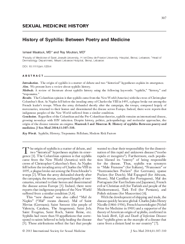 (PDF) History of Syphilis: Between Poetry and Medicine