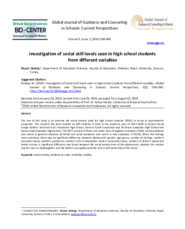 (PDF) Investigation of social skill levels seen in high school students ...