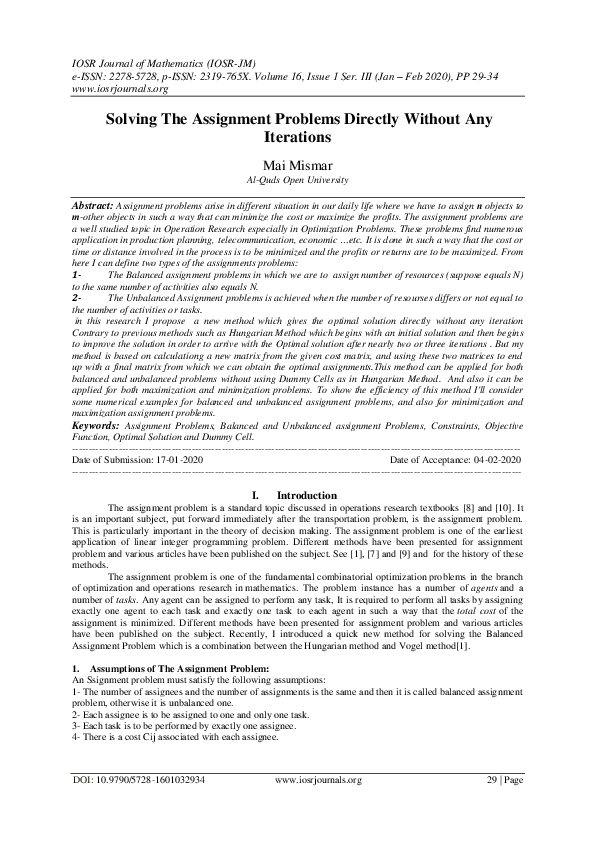 Pdf Solving The Assignment Problems Directly Without Any Iterations