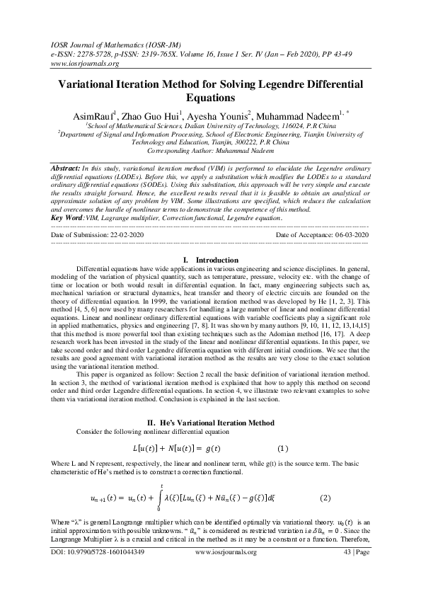 Pdf Variational Iteration Method For Solving Legendre Differential