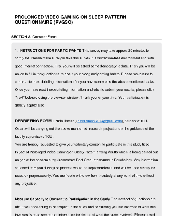 (PDF) PROLONGED VIDEO GAMING ON SLEEP PATTERN QUESTIONNAIRE (PVGSQ ...