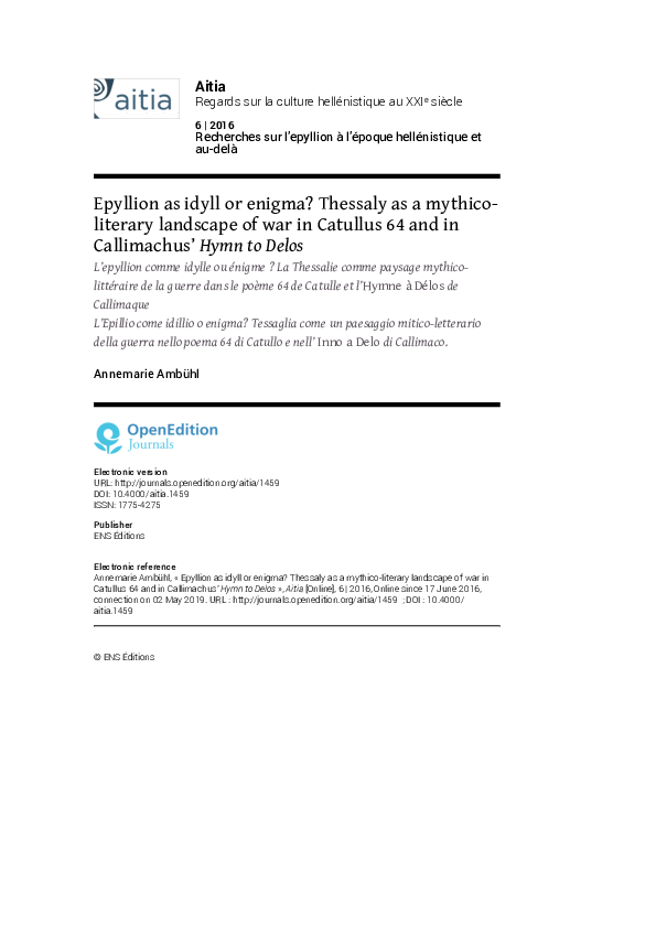 (PDF) Epyllion as idyll or enigma? Thessaly as a mythico-literary ...