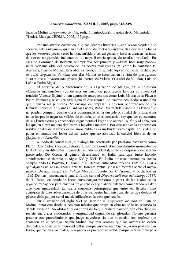 (PDF) J. de Molina, Argumento de vida, ed. de R. Malpartida Tirado