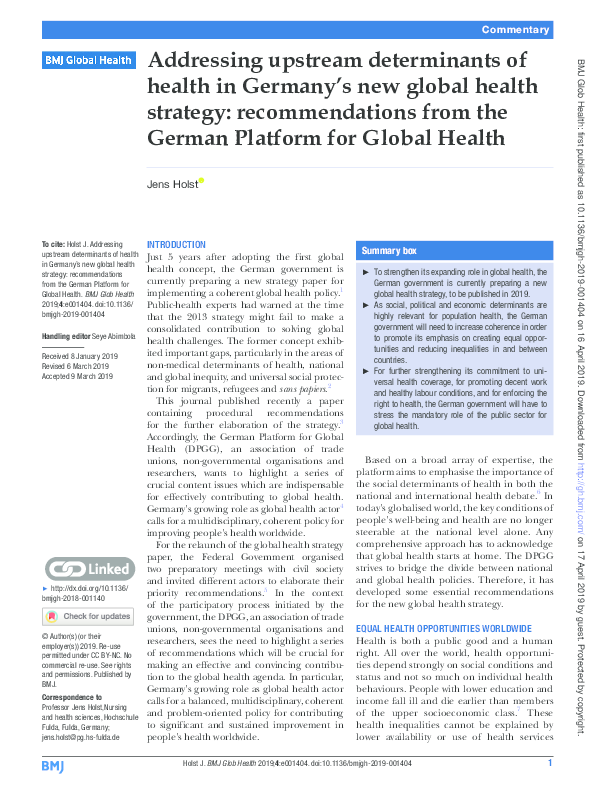(PDF) Addressing upstream determinants of health in Germany's new ...
