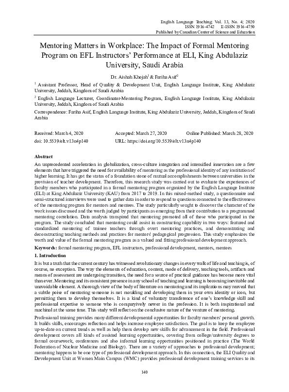 (PDF) Mentoring Matters in Workplace: The Impact of Formal Mentoring ...