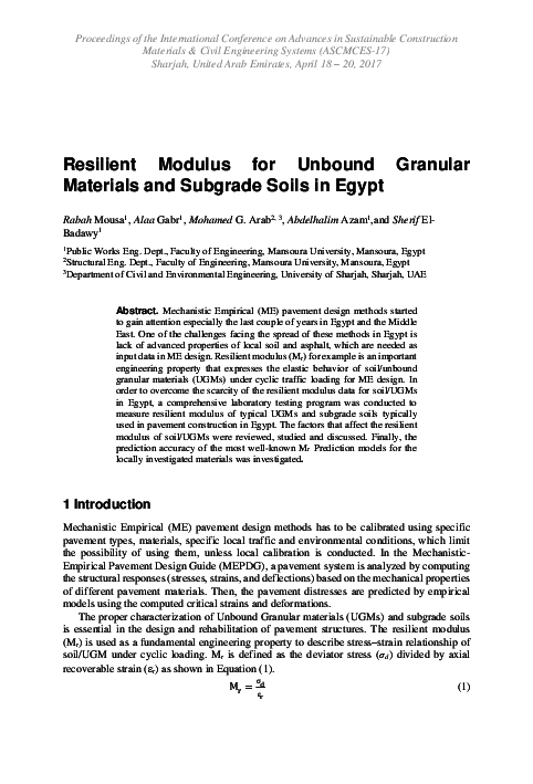 (PDF) Resilient Modulus for Unbound Granular Materials and Subgrade Soils in Egypt
