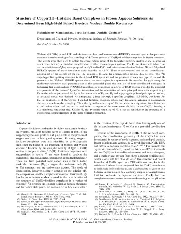 (PDF) Structure of Copper(II)−Histidine Based Complexes in Frozen ...